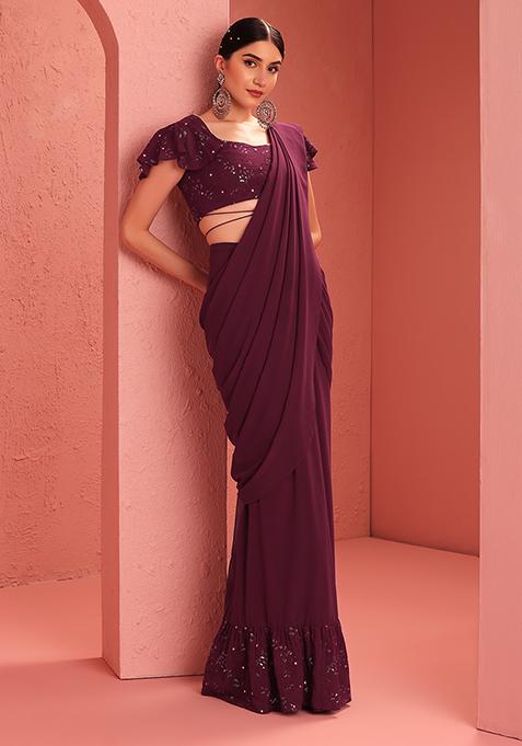 Buy Women Wine Sequin Embroidered Tiered Pre-Stitched Saree (Without ...
