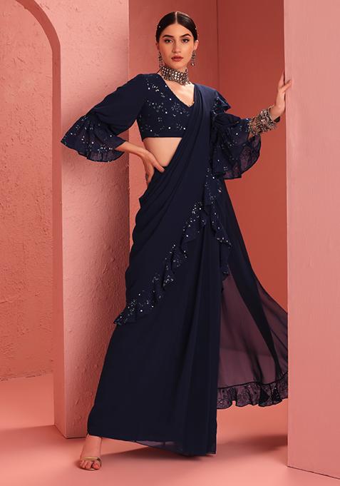 Buy Women Navy Sequin Embroidered Ruffled Pre-Stitched Saree (Without ...