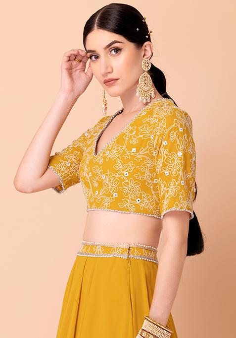 Buy Women Yellow Floral Embroidered Blouse - RMT00013 - Luxury Designers - Indya