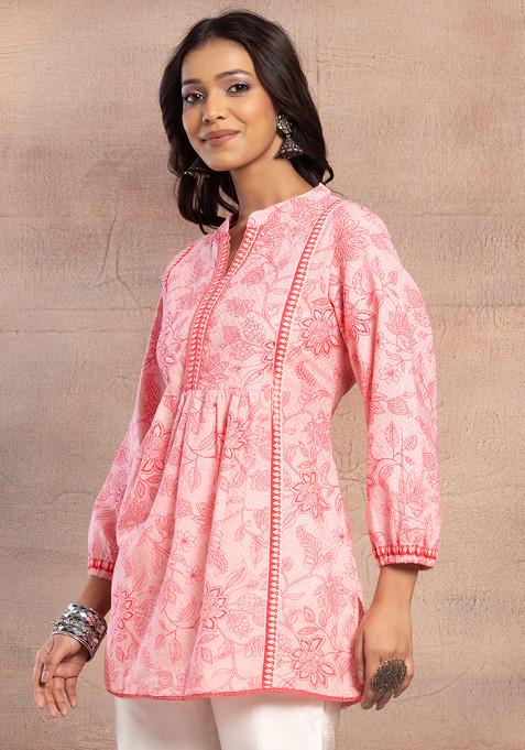 Buy Women Pink Floral Embroidered Cotton Short Kurta - RTN00179 - Kurta ...