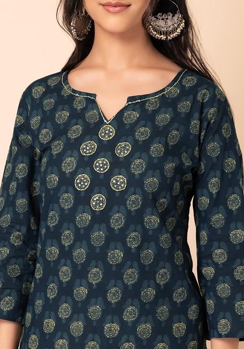 Buy Women Navy Blue Block Print Cotton Straight Kurta - RTN00685 ...