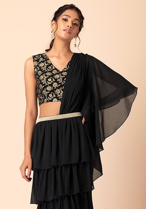 Buy Women Black Ruffled Pre-Stitched Saree With Printed Blouse And Belt (Set Of 3) - SCC00022 ...