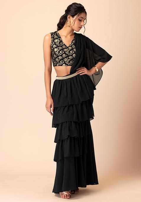 Buy Women Black Ruffled Pre-Stitched Saree With Printed Blouse And Belt ...