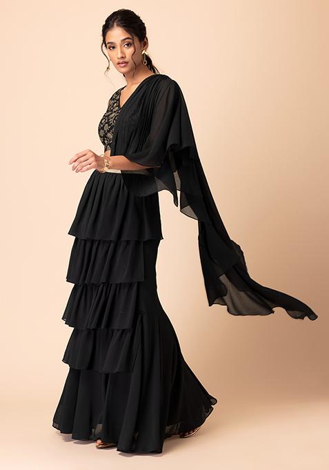 Buy Women Black Ruffled Pre-Stitched Saree With Printed Blouse And Belt (Set Of 3) - SCC00022 ...