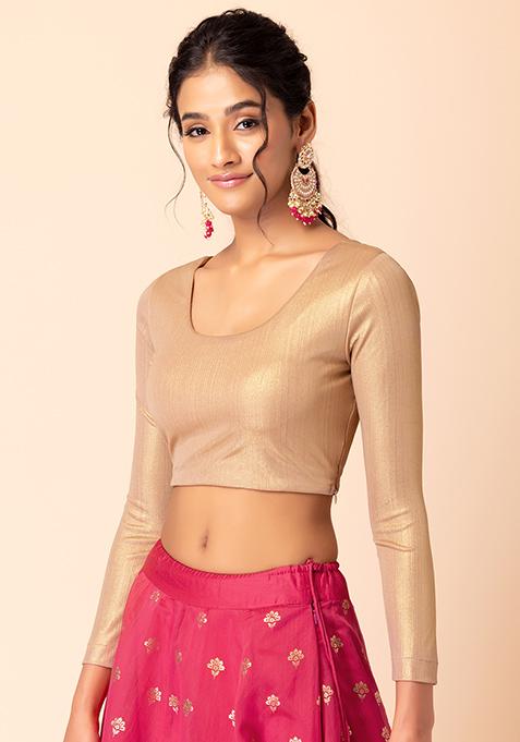 Buy Women Gold Textured Crop Top - HandPicked for NRI weddings - Indya