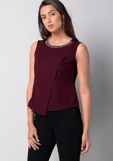 Buy Women Wine Embellished Asymmetric Top Blouses Online India Faballey