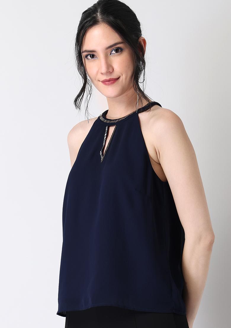 Buy Women Navy Embellished Halter Neck Top Trends Online India Faballey