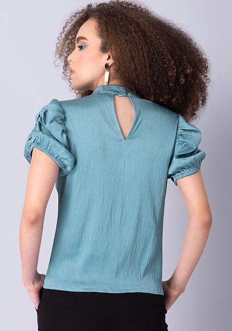 Buy Women Blue Satin High Neck Ruched Sleeve Top - Trends Online India ...