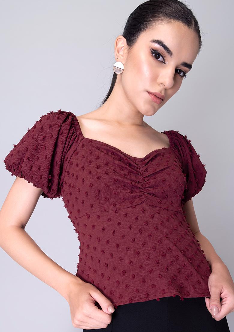 Buy Women Maroon Self Design Ruched Top - Peplum Tops Online India ...