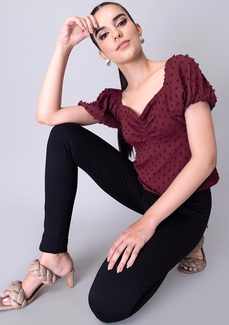 Buy Women Maroon Self Design Ruched Top - Peplum Tops Online India ...