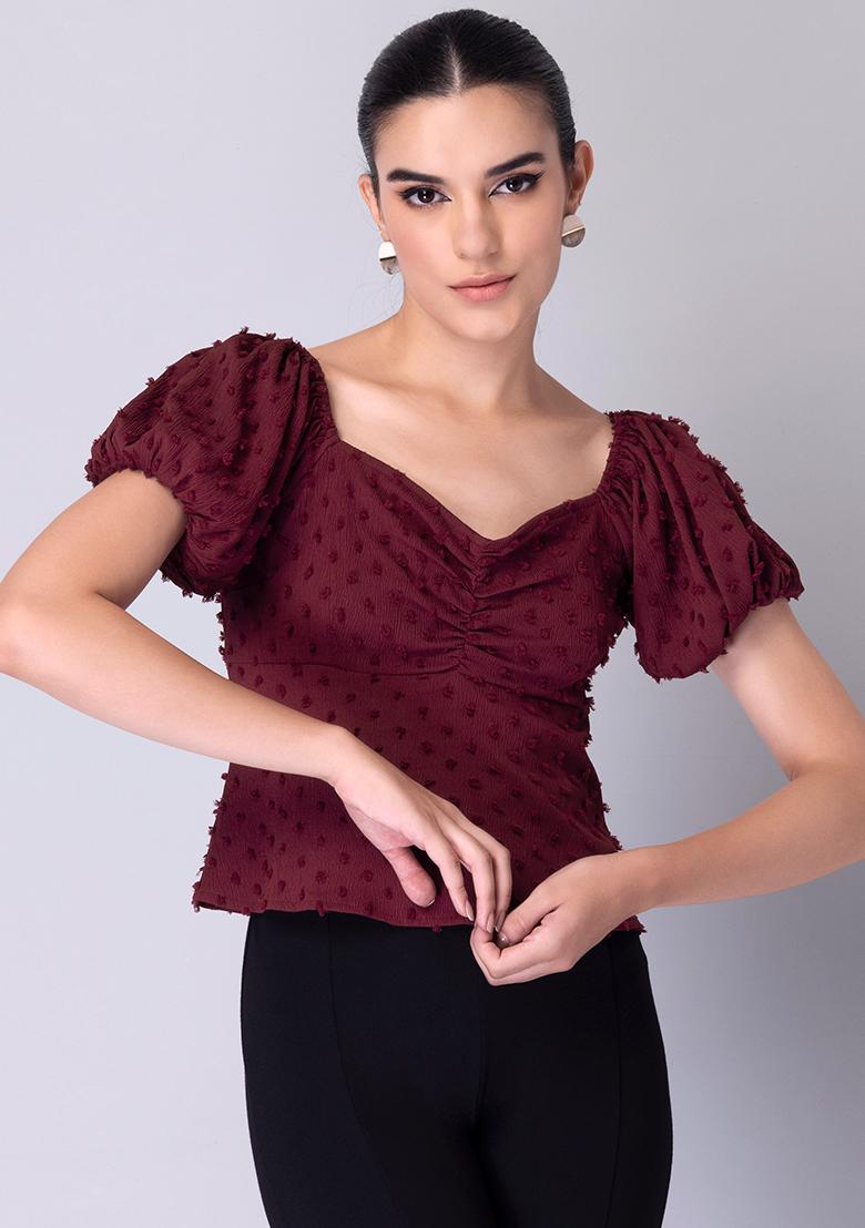 Buy Women Maroon Self Design Ruched Top - Peplum Tops Online India ...
