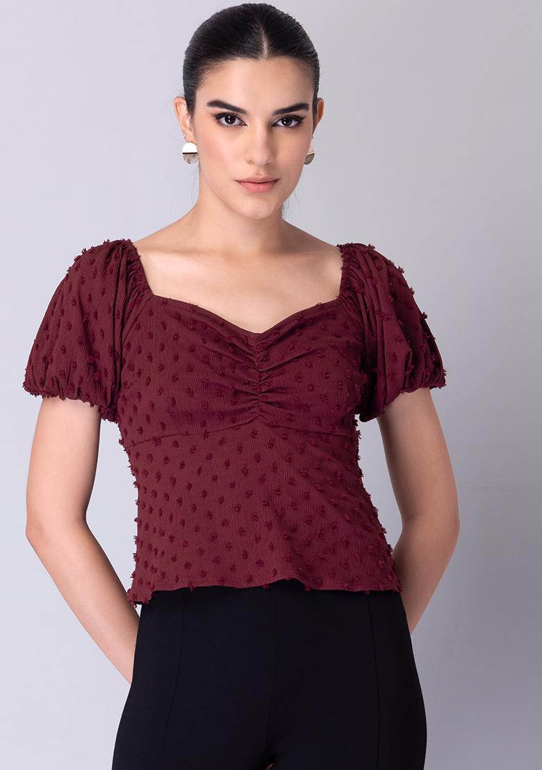 Buy Women Maroon Self Design Ruched Top - Peplum Tops Online India ...