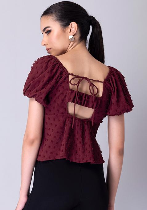 Buy Women Maroon Self Design Ruched Top - Peplum Tops Online India ...