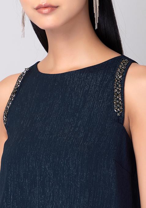 Buy Women Navy Blue Wrinkled Embellished Top Trends Online India