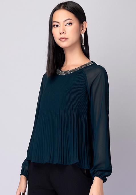 Buy Women Navy Blue Pleated Embellished Neck Top - TOP06297 - All ...