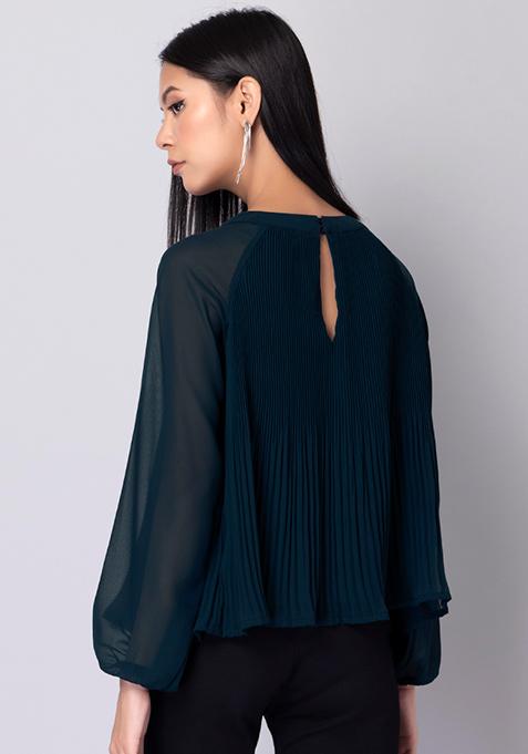 Buy Women Navy Blue Pleated Embellished Neck Top Blouses Online India