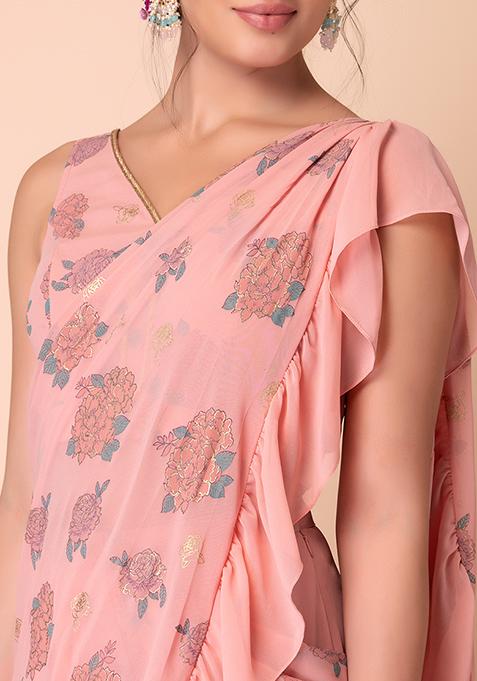 Buy Women Pastel Pink Boota Print Ruffled Pre-Stitched Saree With ...