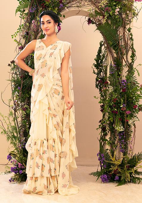 Buy Women Ivory Boota Print Ruffled Pre-Stitched Saree With Blouse (Set ...