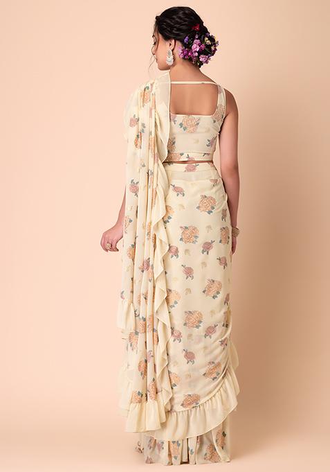 Buy Women Ivory Boota Print Ruffled Pre-Stitched Saree With Blouse (Set ...