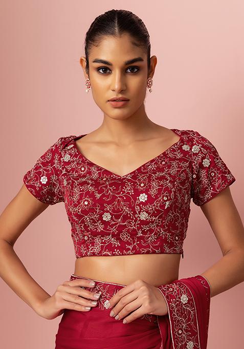 Buy Women Red Sequin Thread Embroidered Pre-Stitched Saree Set With ...