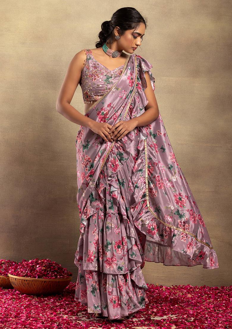 Buy Women Dull Pink Floral Print Ruffled Pre-Stitched Saree Set With ...