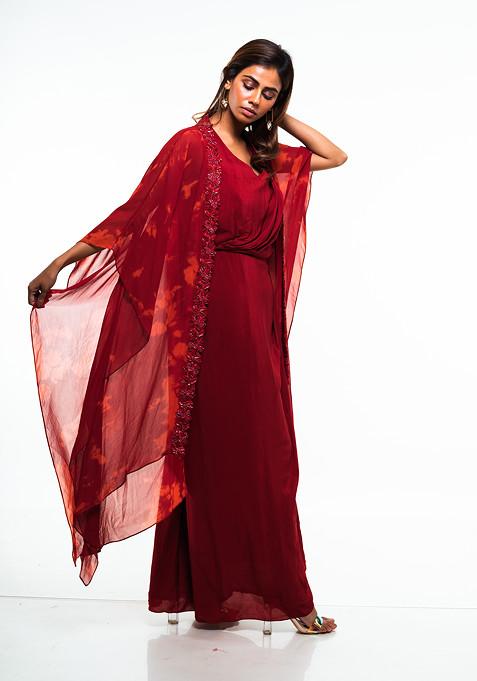 Buy Women Rose Red Embroidered Cape Set - WLD00040 - Luxury Designers ...