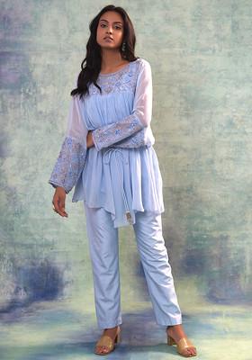 Buy Women Pale Blue Hand Embroidered Top And Pants Set - WLF00039 ...