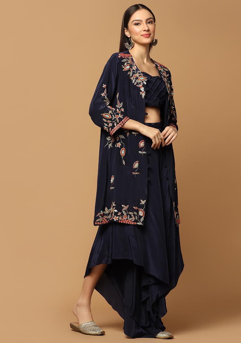 Buy Women Navy Blue Embroidered Saree And Cape Set - Pre-draped Sarees ...