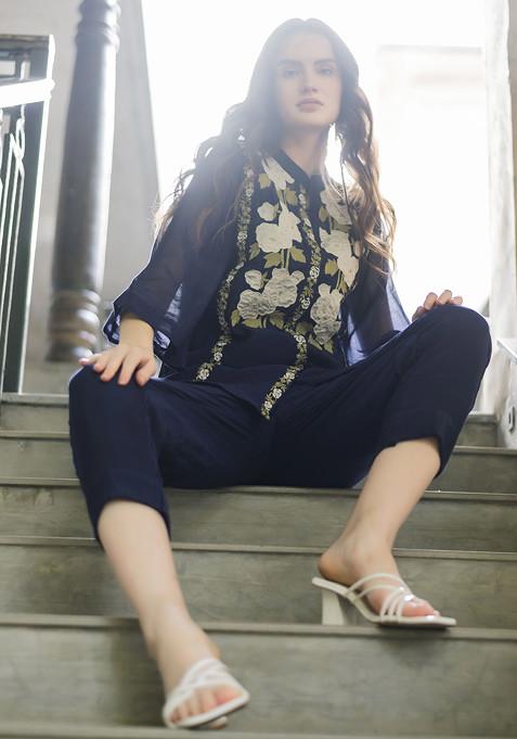 Buy Women Blue Applique Embroidered Handwoven Chanderi Co-Ord Set ...