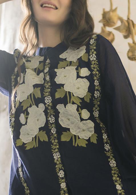 Buy Women Blue Applique Embroidered Handwoven Chanderi Co-Ord Set ...