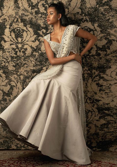 Buy Women Ivory Embroidered Net Skirt Set - WLF00231 - Luxury Designers ...