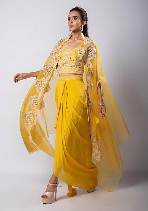 Buy Women Yellow Hand Embroidered Organza Cape Set - WLF00310 - Luxury ...