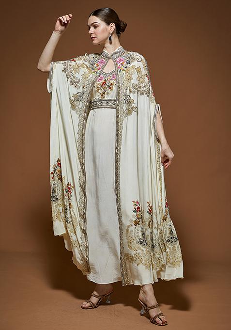 Buy Women Ivory Rhinestones Hand Embroidered Bemberg Crepe Cape Set ...