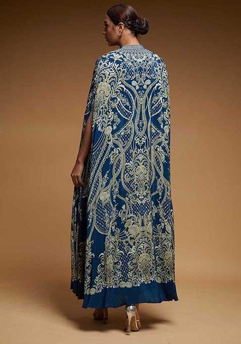 Buy Women Blue Embroidered Bemberg Crepe Cape Set - Fusion Style Sets ...