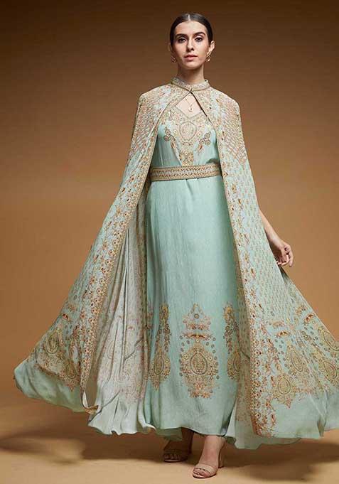 Buy Women Tiffany Blue Rhinestones Embroidered Bemberg Crepe Cape Set ...