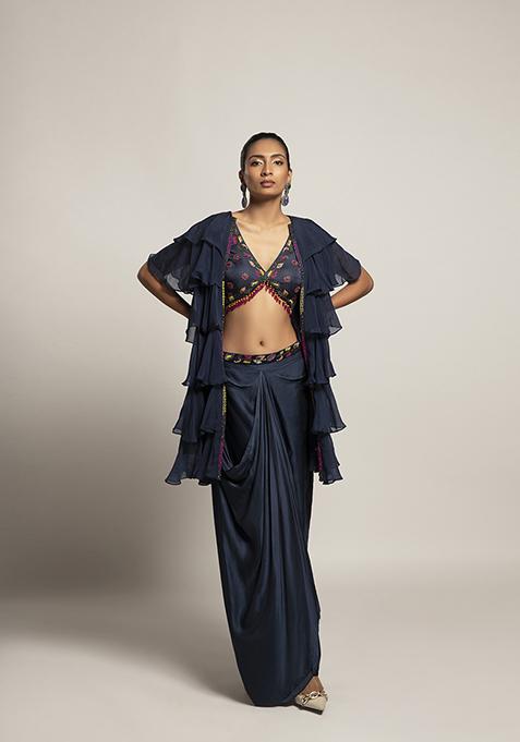 Buy Women Navy Blue Cut Pipe Work Organza Skirt Set - WLF00484 - Luxury ...