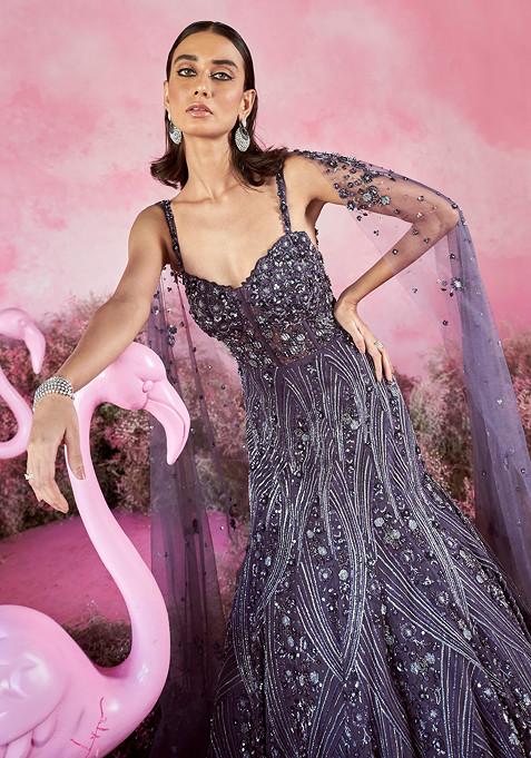 Buy Women Deep Purple Myra Gown - WLG00004 - Luxury Designers - Indya
