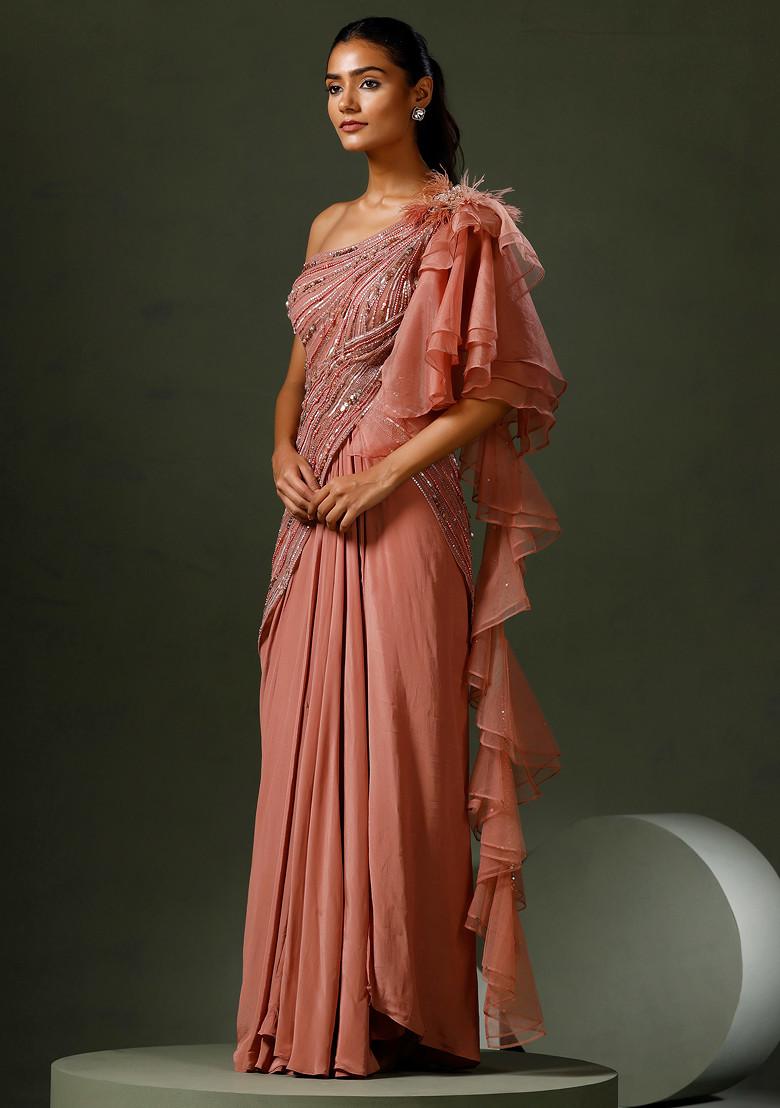 Buy Women Pink Embroidered Draped Saree Saree Gown - WLG00017 - Luxury ...