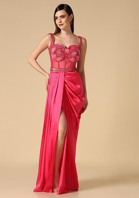 Buy Women Pink Sequin Embroidered Slit Gown - WLG00026 - Luxury ...
