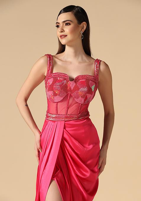 Buy Women Pink Sequin Embroidered Slit Gown - WLG00026 - Luxury ...