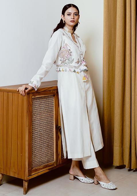 Buy Women Ivory Resham Embroidered Waist Coat And Kurta Set - WLK00102 ...