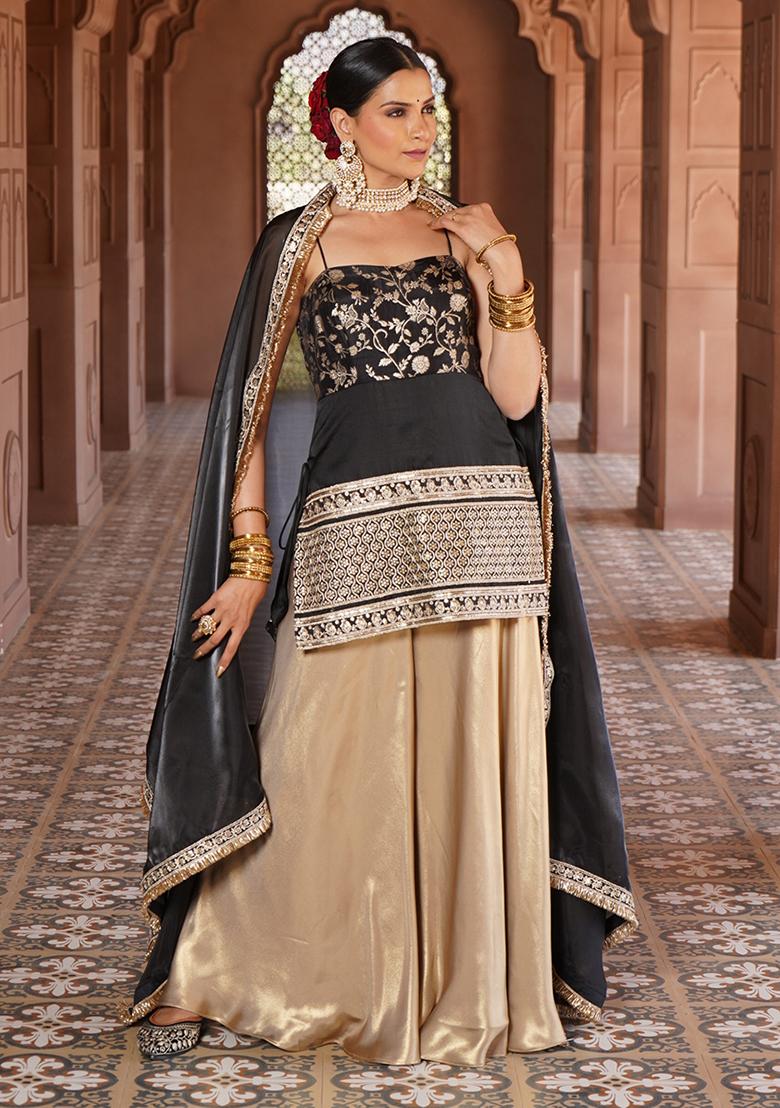 Buy Women Black Embroidered Satin Ayesha Sharara Set - Sharara Set - Indya