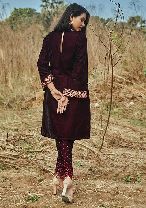 Buy Women Wine Sequin Embroidered Velvet Anne Kurta Set - WLK00141 ...