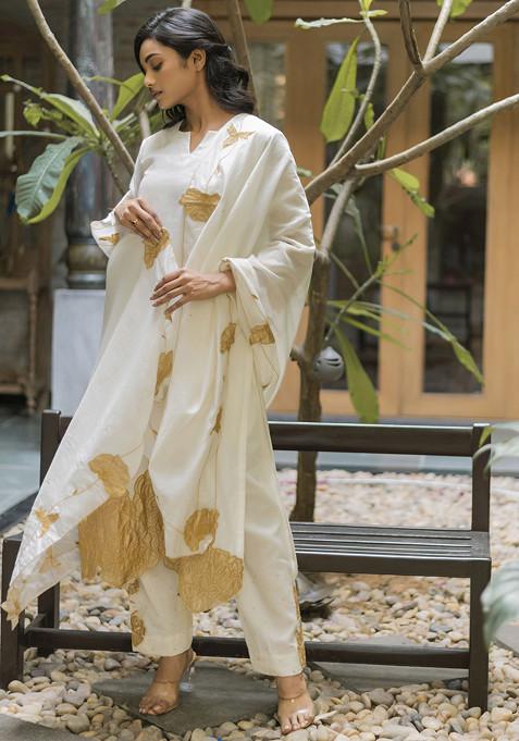 Buy Women Ivory And Honey Embroidered Handwoven Chivia Silk Kurta Set ...