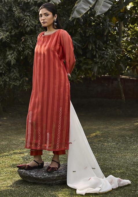 Buy Women Rust Kantha Embroidered Kurta Set - WLK00324 - Luxury ...