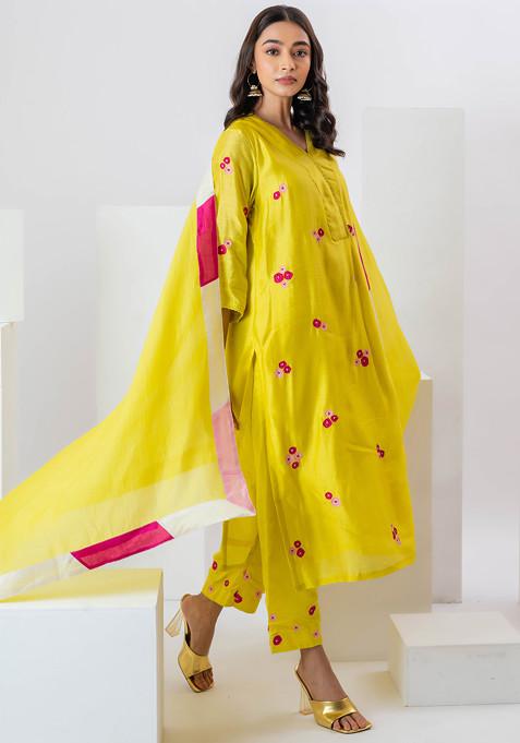 Buy Women Yellow Applique Embroidered Chivia Silk Suit Set - WLK00334 ...