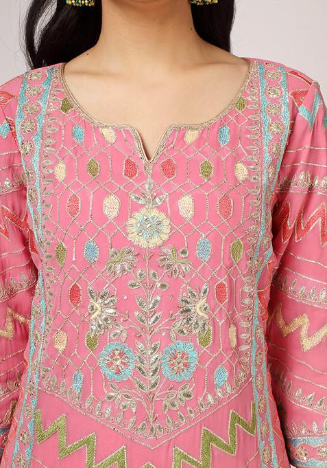 Buy Women Pink Gotta Embroidered Silk Georgette Kurta Set - Designer ...