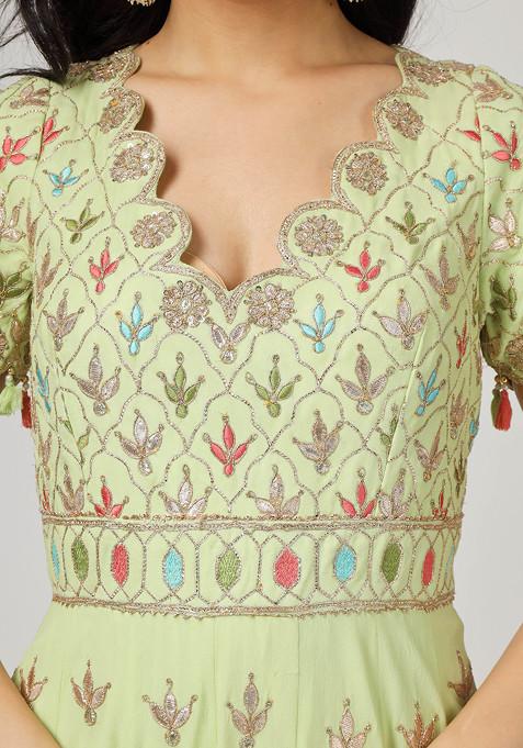 Buy Women Lime Green Gotta Dori Embroidered Silk Georgette Anarkali Set ...
