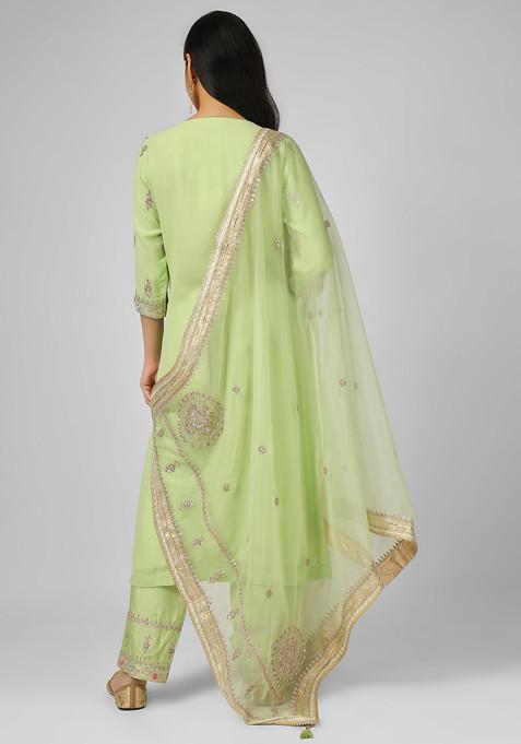 Buy Women Lime Green Gotta Dori Embroidered Silk Georgette Kurta Set ...