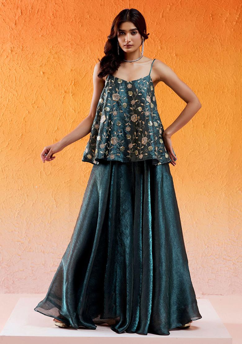 Buy Women Metallic Teal Blue Sequin Embroidered Peplum Sharara Set ...